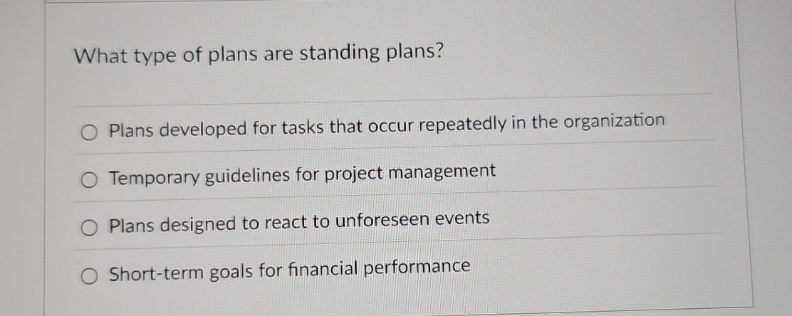 Solved What type of plans are standing plans?Plans developed | Chegg.com