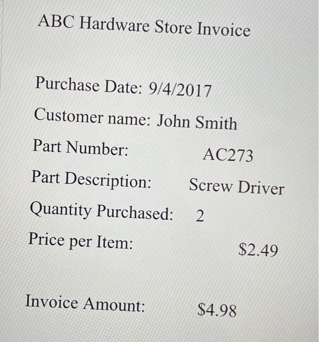 Solved ABC Hardware Store Invoice Purchase Date: 9/4/2017 | Chegg.com