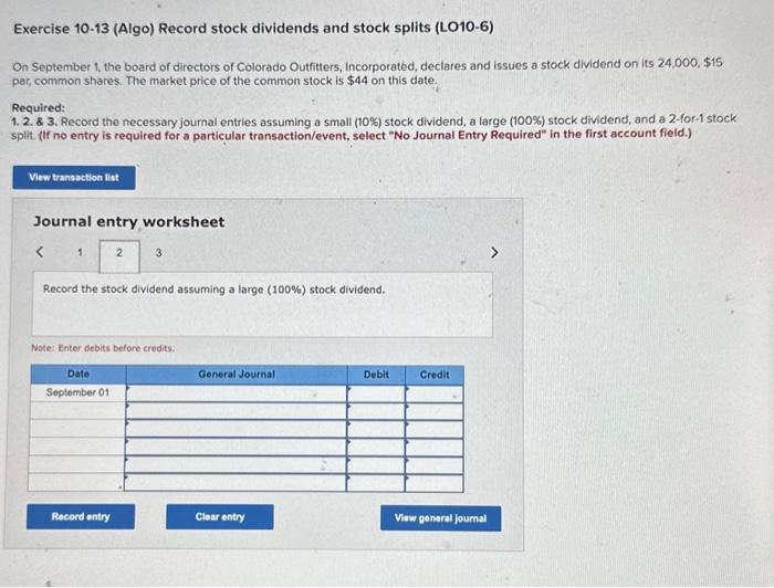 Solved Exercise 10-13 (Algo) Record stock dividends and | Chegg.com