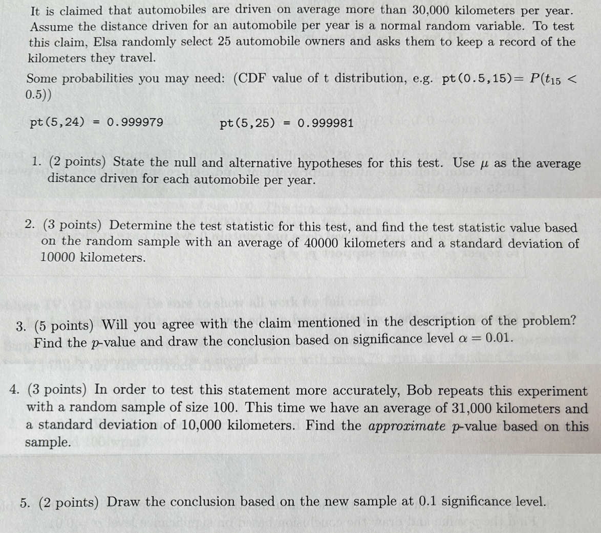 Solved It is claimed that automobiles are driven on average | Chegg.com