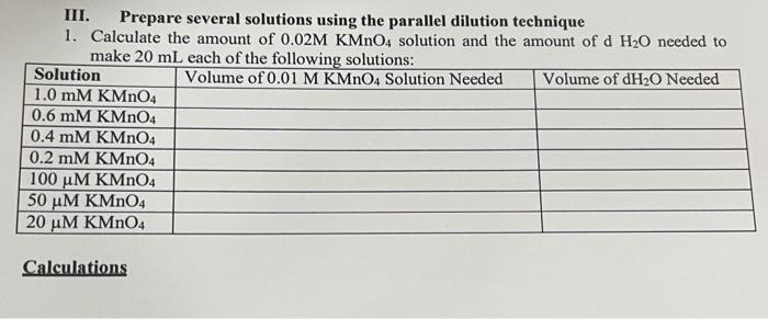 Solved III. Prepare several solutions using the parallel | Chegg.com