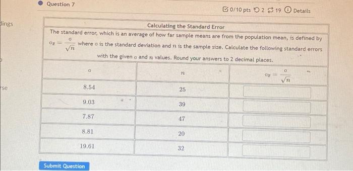 Solved dings rse Question 7 Calculating the Standard Error | Chegg.com