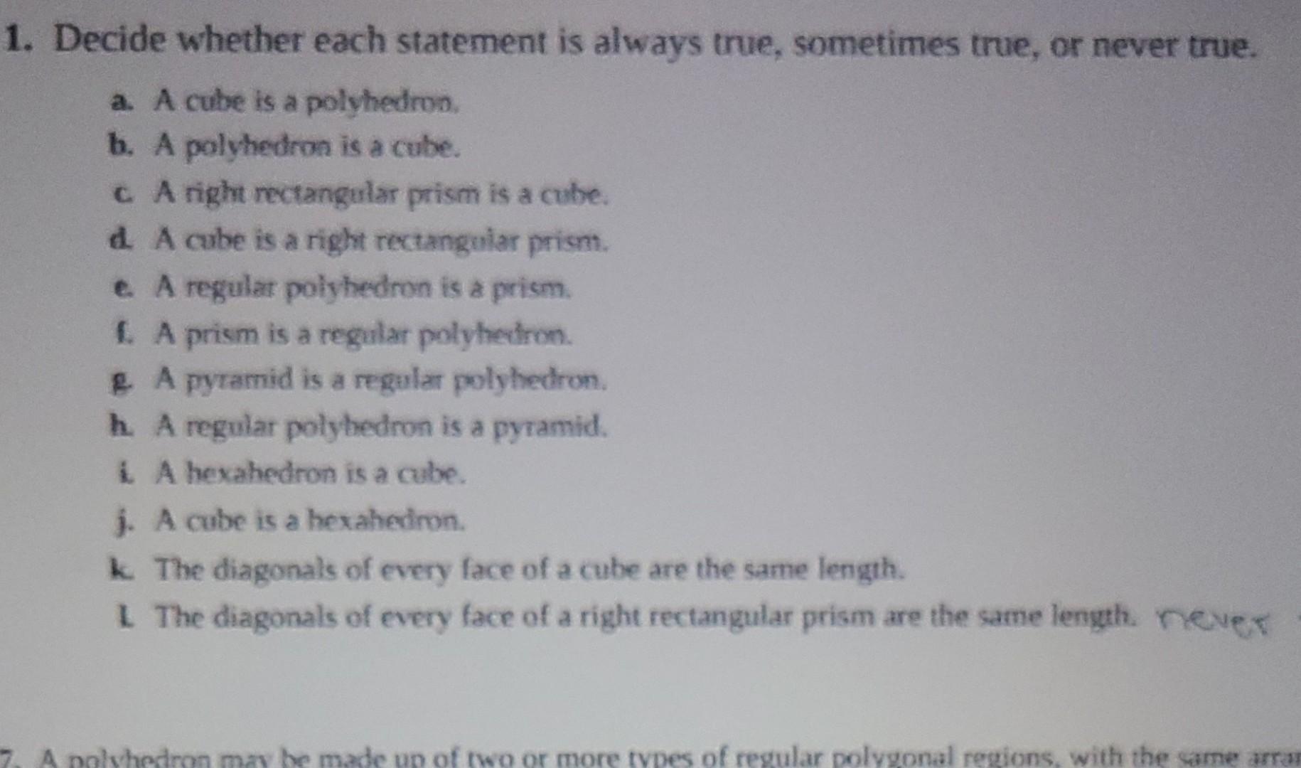 Solved 1. Decide whether each statement is always true, | Chegg.com