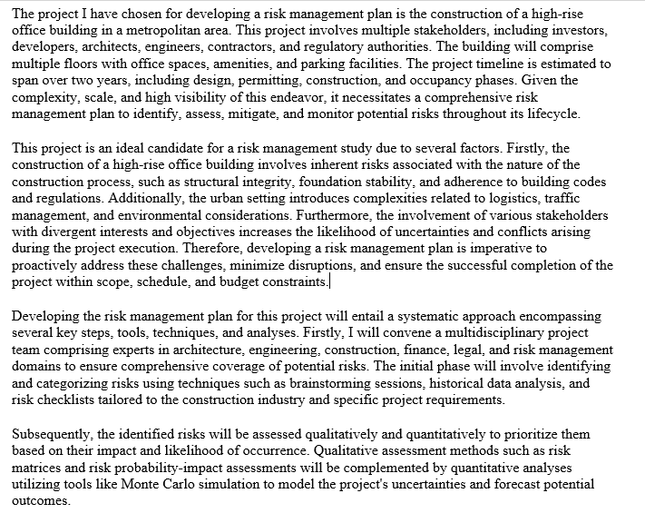 Solved "The project I have chosen for developing a risk | Chegg.com