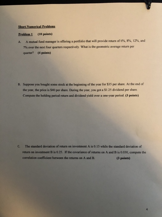 Solved Short Numerical Problems Problem 1 (10 points) А. A | Chegg.com