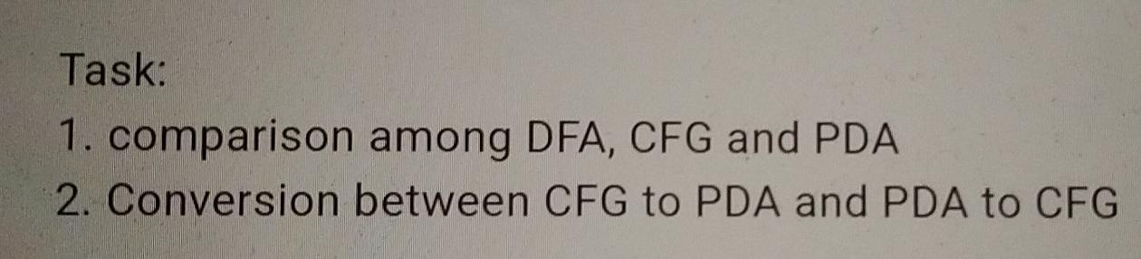Solved Task: 1. comparison among DFA, CFG and PDA 2. | Chegg.com