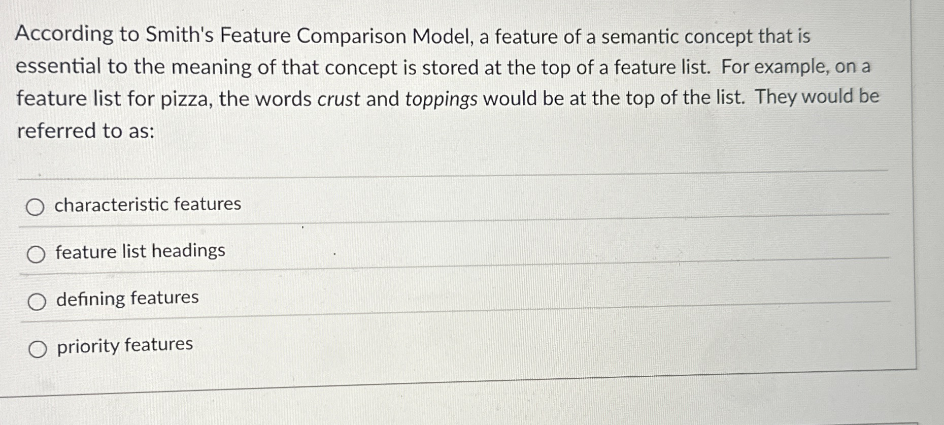 Solved According to Smith's Feature Comparison Model, a | Chegg.com