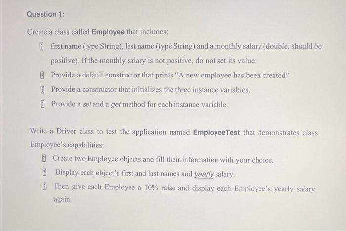 Solved Create a class called Employee that includes: first | Chegg.com