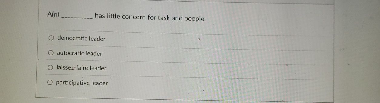 Solved A(n)has little concern for task and people.democratic | Chegg.com