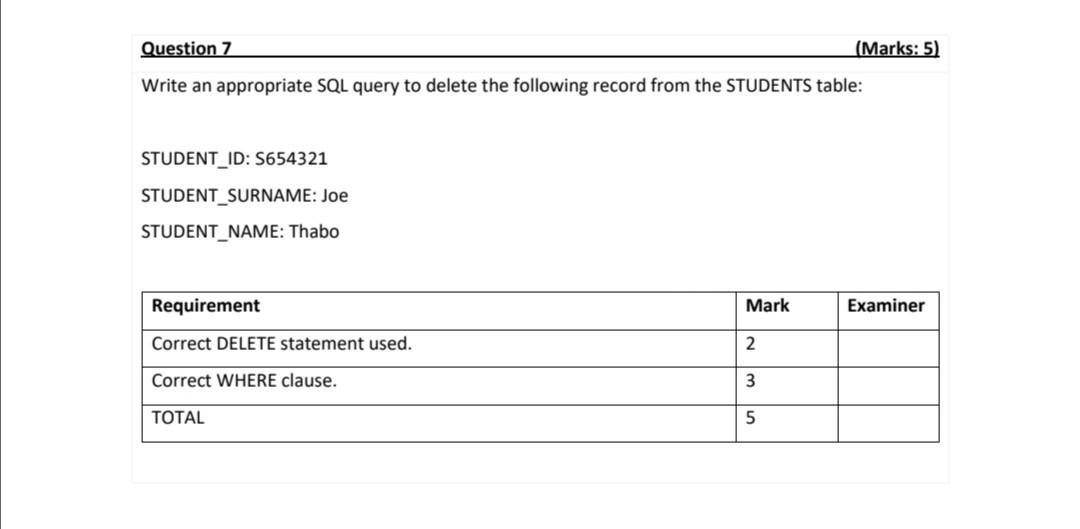Solved Write an appropriate SQL query to delete the | Chegg.com