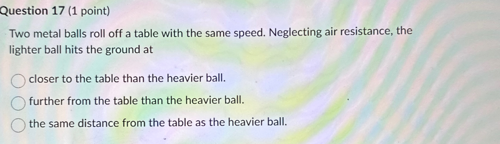 Solved Question 17 (1 ﻿point)Two metal balls roll off a | Chegg.com