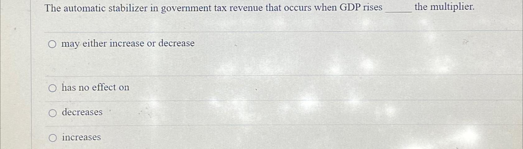 Solved The automatic stabilizer in government tax revenue | Chegg.com