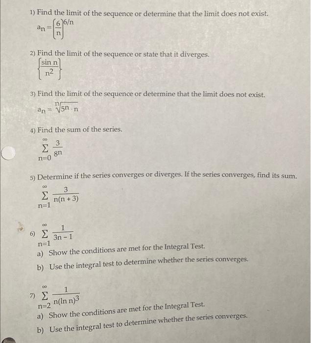 Solved 1) Find the limit of the sequence or determine that | Chegg.com