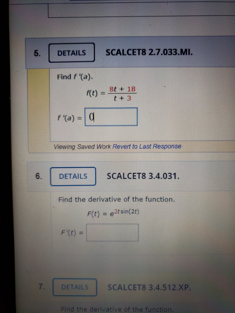 Solved 5. DETAILS SCALCET8 2.7.033.MI. Find f'(a). f(t) 8t + | Chegg.com