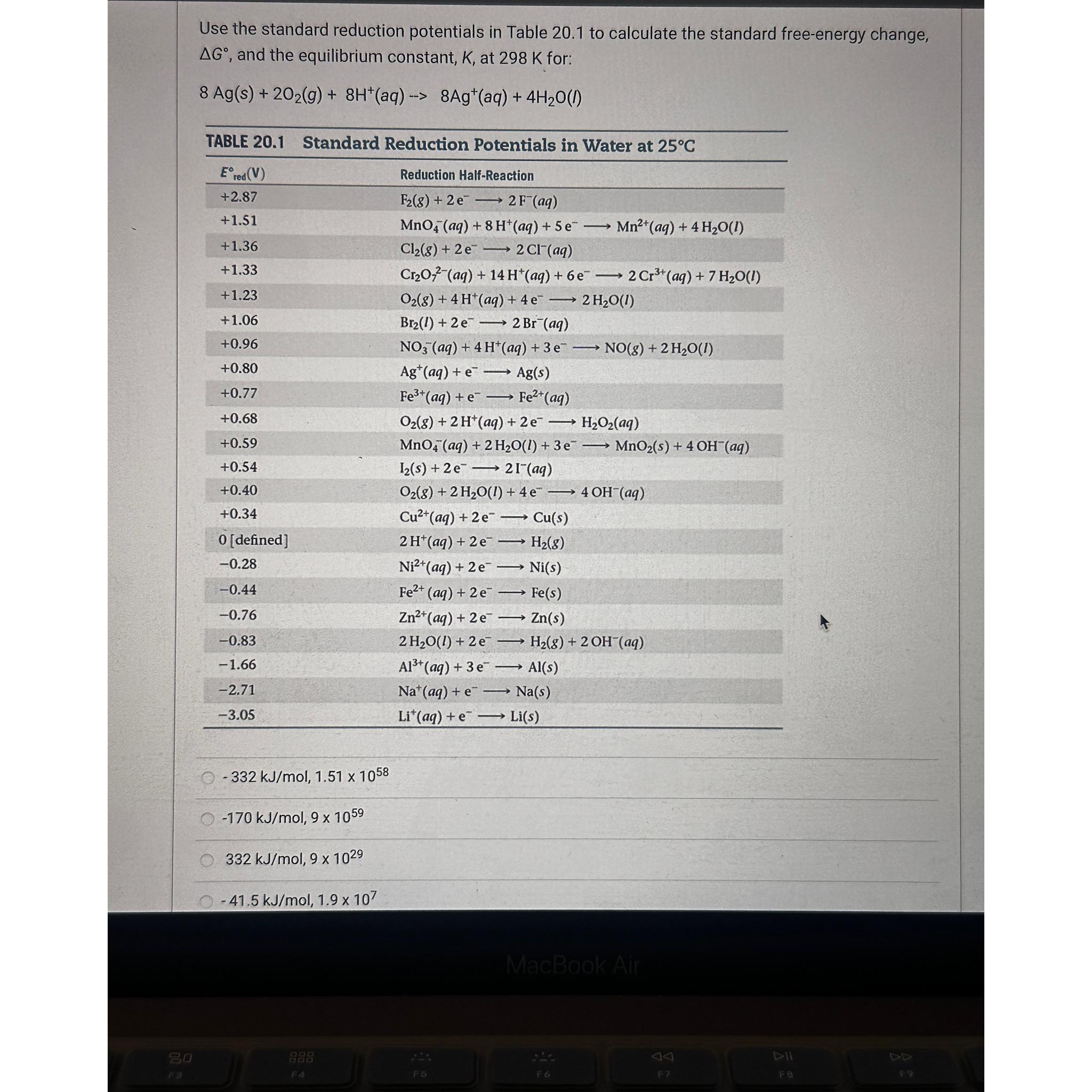 Solved Use the standard reduction potentials in Table 20.1 | Chegg.com