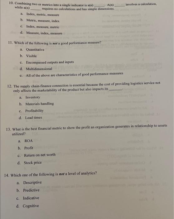 Solved 10. Combining two or metrics into a single indicator | Chegg.com