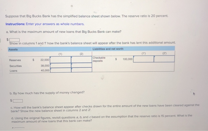 Solved Suppose that Big Bucks Bank has the simplified | Chegg.com