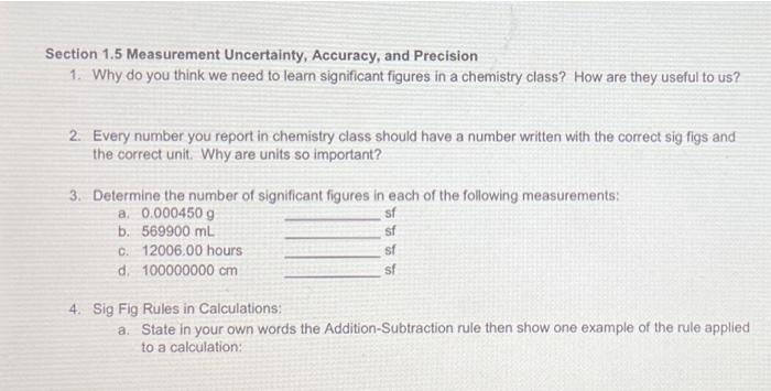 Solved Section 1.5 Measurement Uncertainty, Accuracy, and | Chegg.com