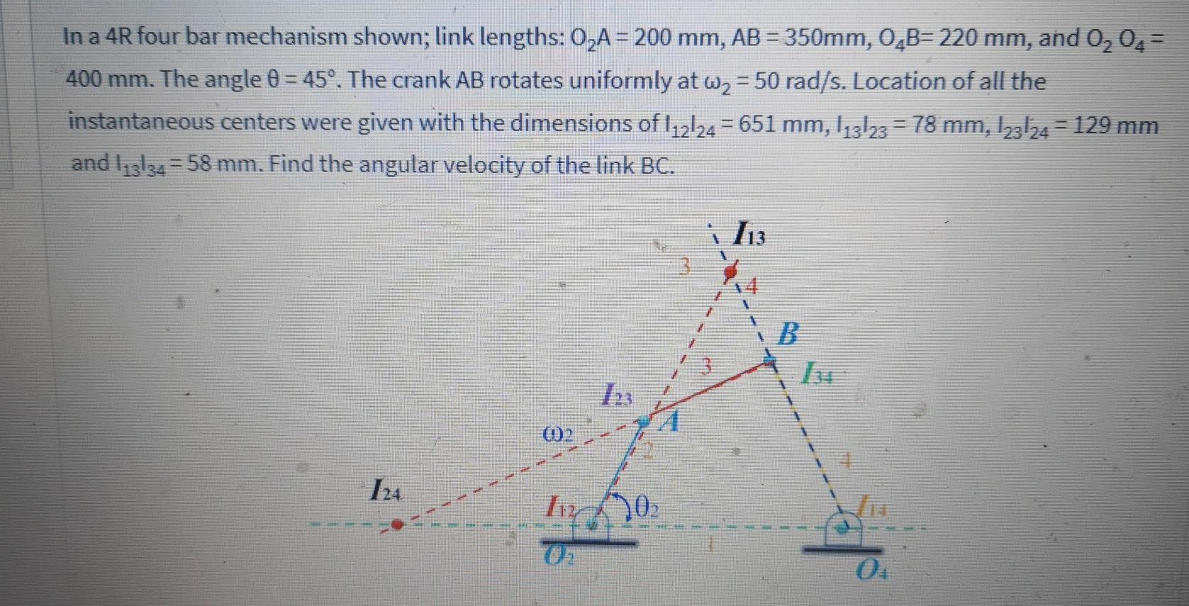 Solved In a 4R four bar mechanism shown; link lengths: 02A = | Chegg.com
