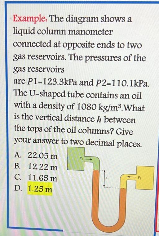 Solved Example: The diagram shows a liquid column manometer | Chegg.com