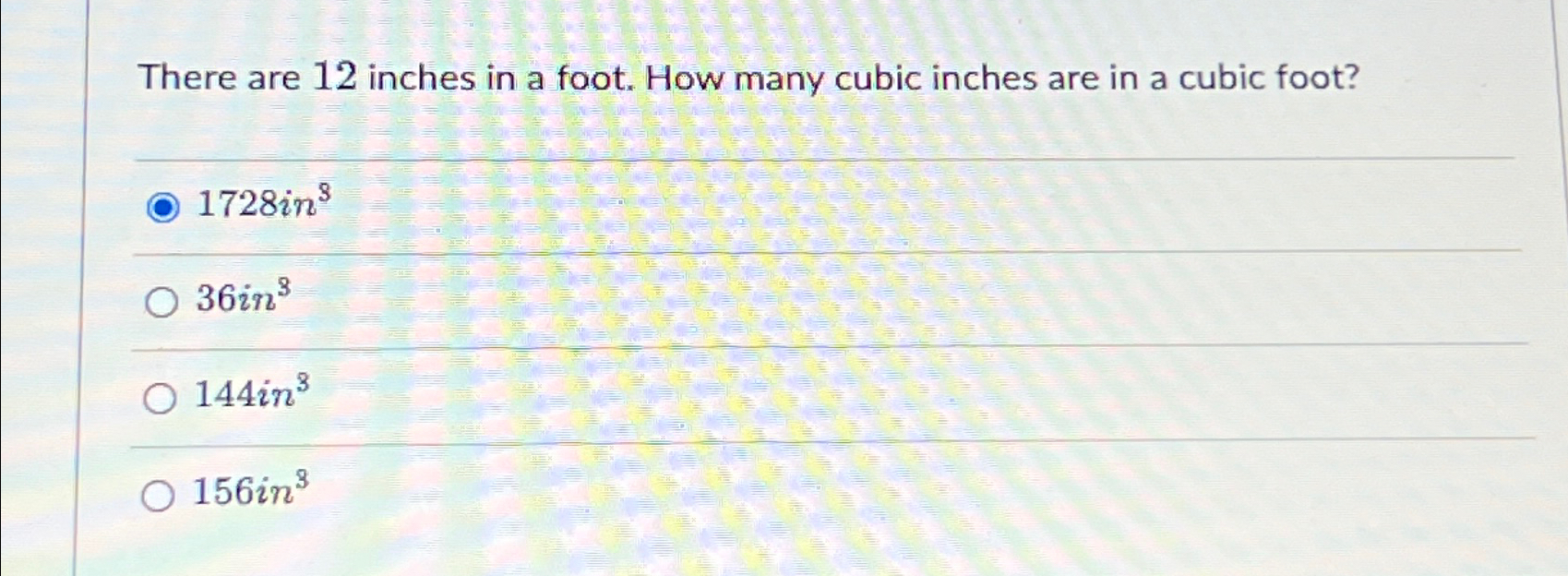 Solved There are 12 ﻿inches in a foot. How many cubic inches | Chegg.com