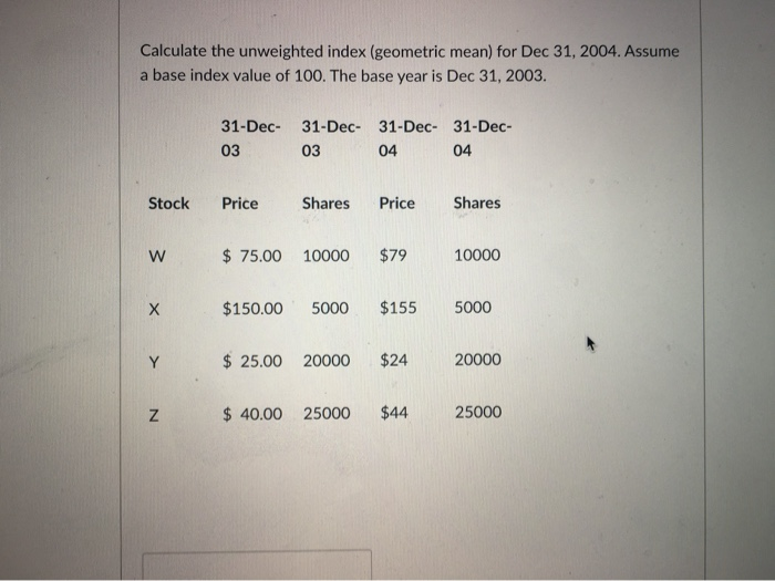 Solved Calculate the unweighted index (geometric mean) for | Chegg.com