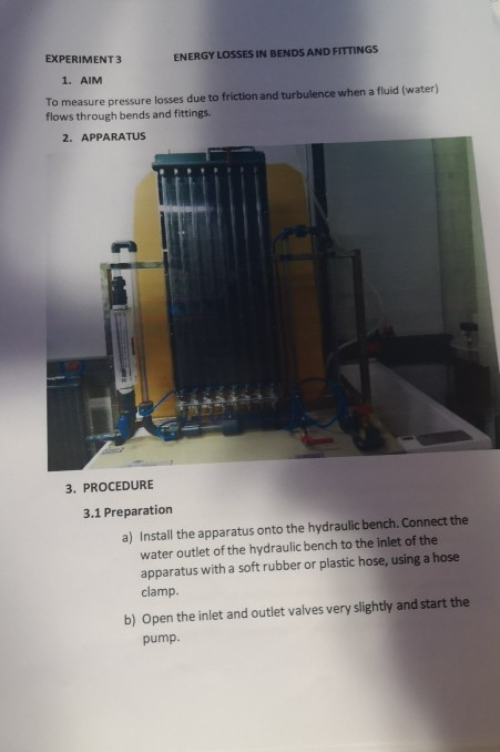 Solved EXPERIMENT 3 ENERGY LOSSES IN BENDS AND FITTINGS 1. | Chegg.com