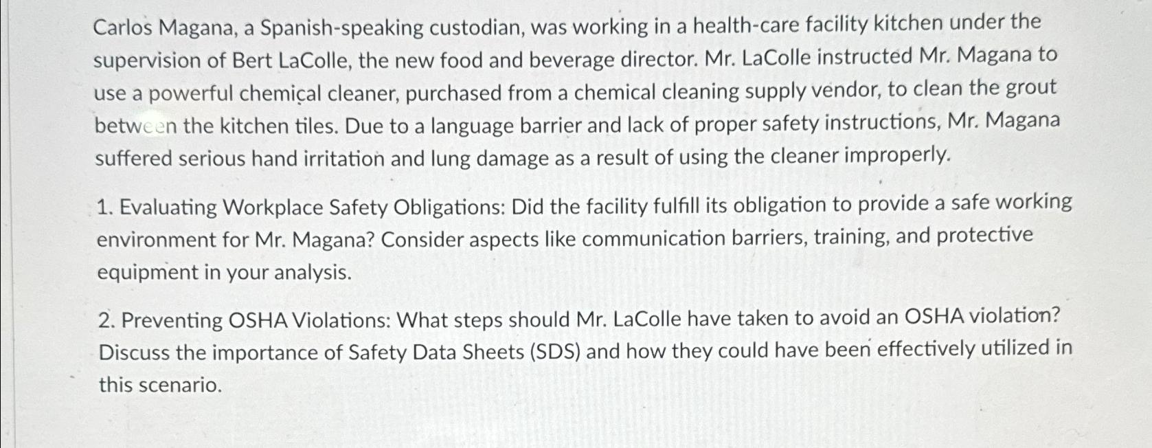 Solved Carlos Magana, a Spanish-speaking custodian, was | Chegg.com