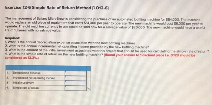 Solved Exercise 12-6 Simple Rate of Return Method [LO12-6) | Chegg.com