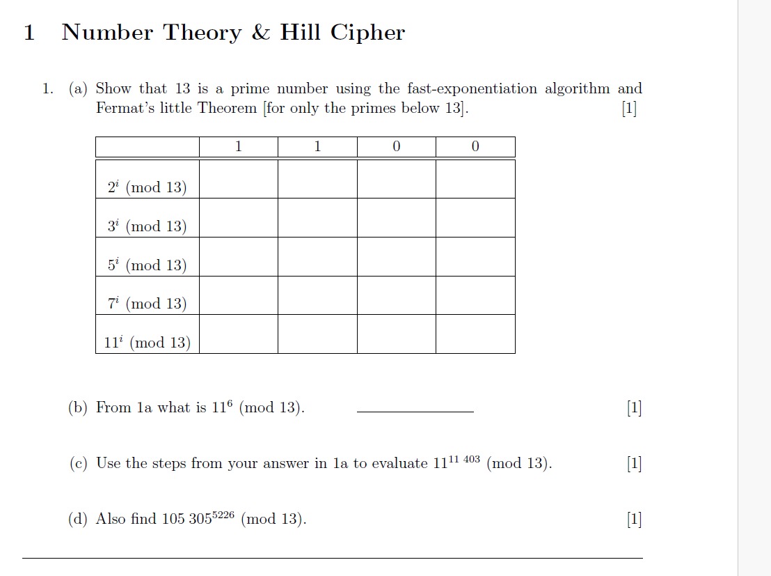 1 ﻿Number Theory & Hill Cipher(a) ﻿Show that 13 ﻿is a | Chegg.com