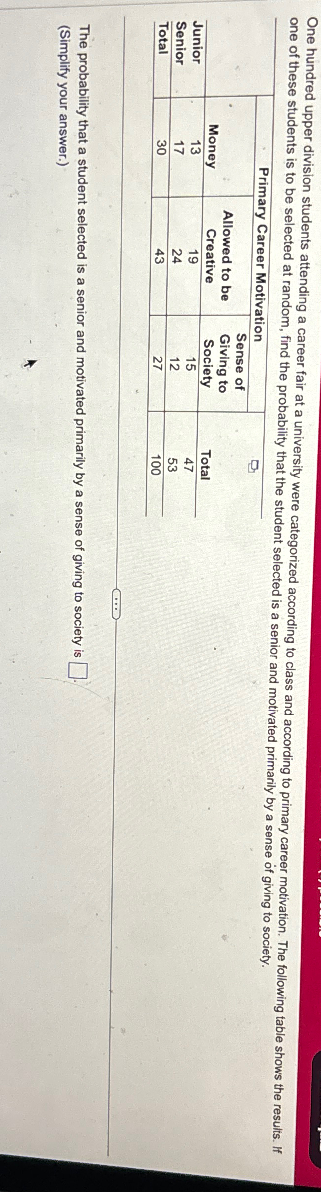 Solved One hundred upper division students attending a | Chegg.com