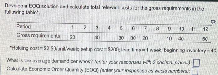 Solved Develop a EOQ solution and calculate the total | Chegg.com