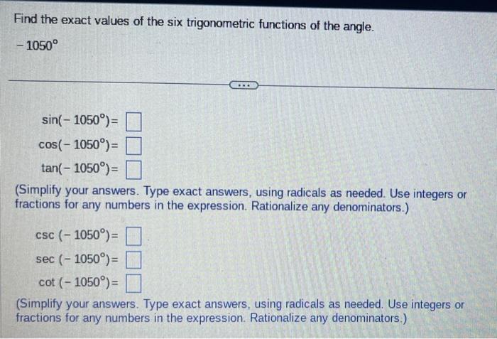 Solved Find the exact values of the six trigonometric | Chegg.com
