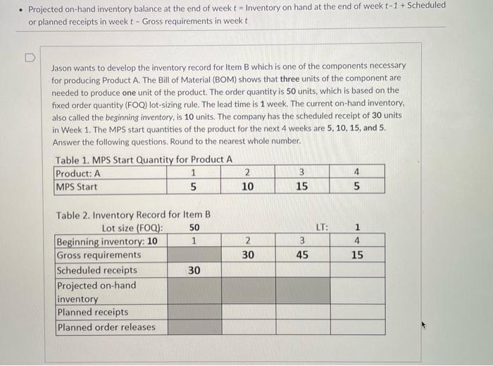 Solved • Projected on-hand inventory balance at the end of | Chegg.com