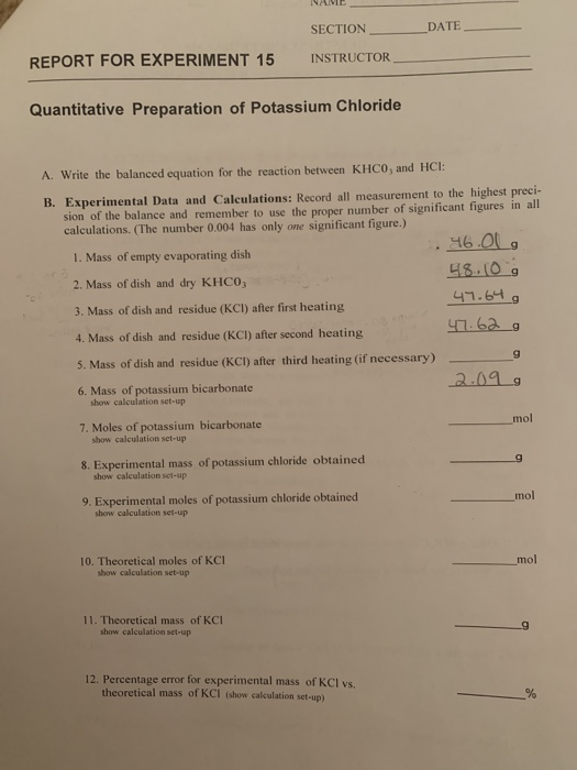 Solved NAME SECTION DATE REPORT FOR EXPERIMENT 15 INSTRUCTOR | Chegg.com