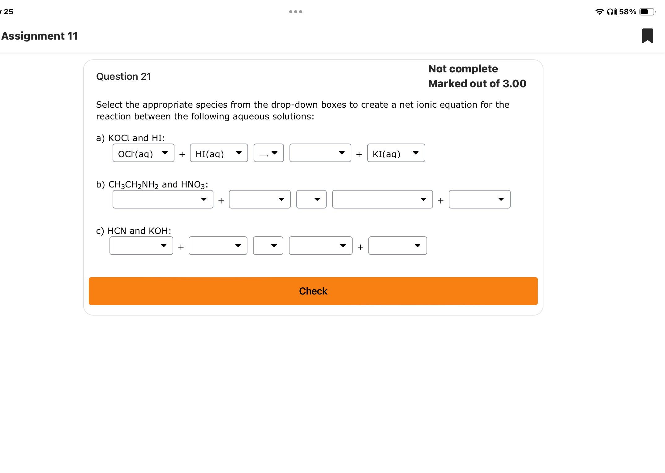 Solved 25 คฮ 58%Assignment 11Question 21Not complete Marked | Chegg.com