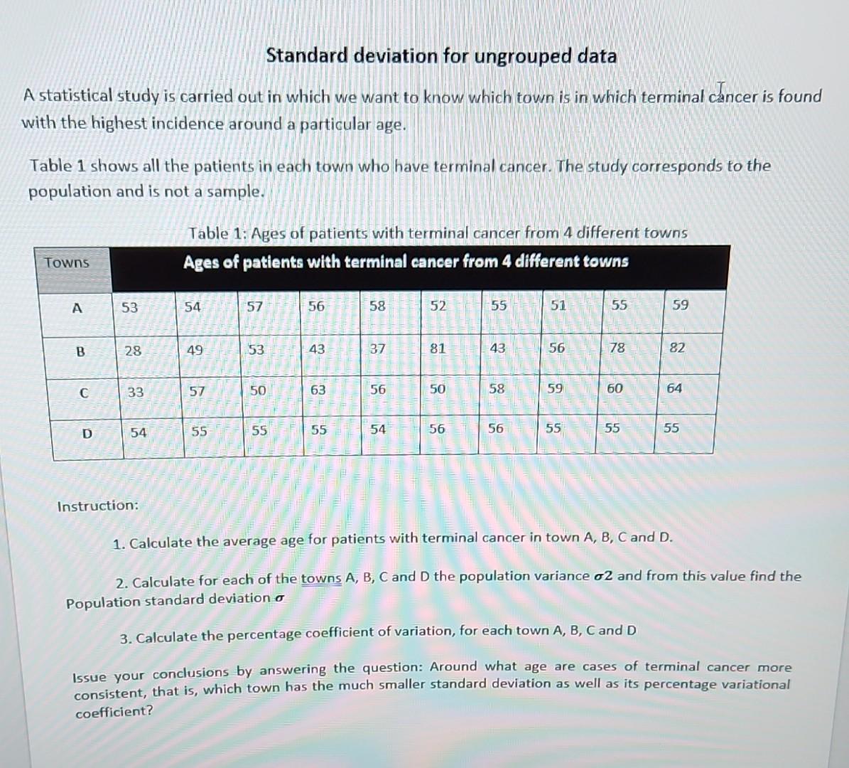Solved Standard deviation for ungrouped data A statistical | Chegg.com