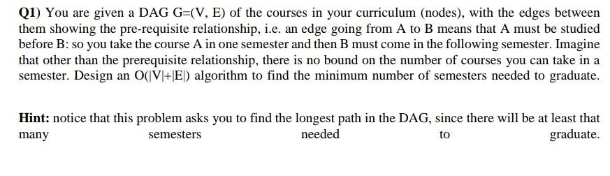 Solved Q1) You are given a DAG G=(V,E) of the courses in | Chegg.com