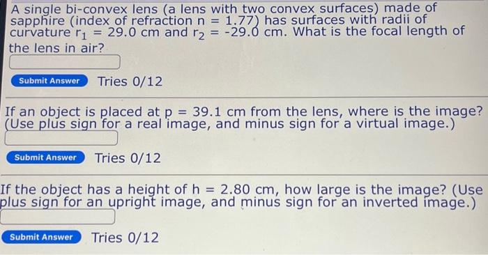 Solved A single bi-convex lens (a lens with two convex | Chegg.com