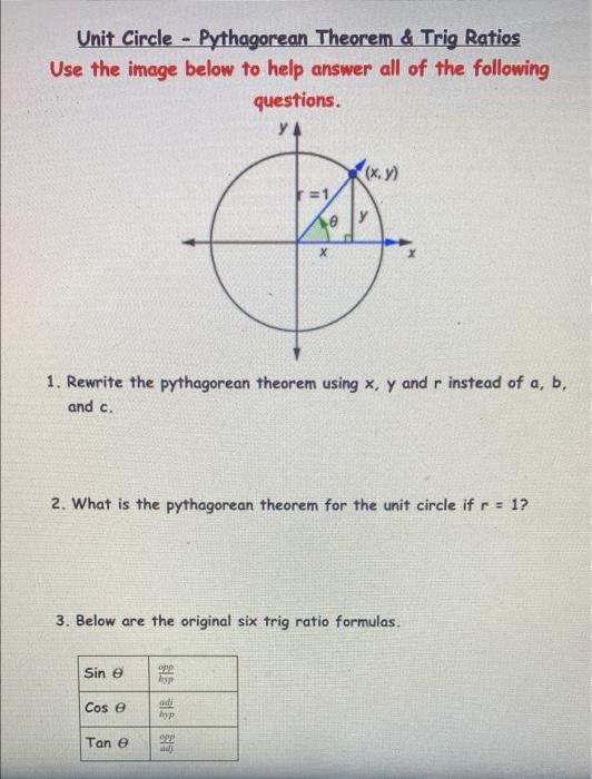 Solved Unit Circle - Pythagorean Theorem & Trig Ratios Use | Chegg.com