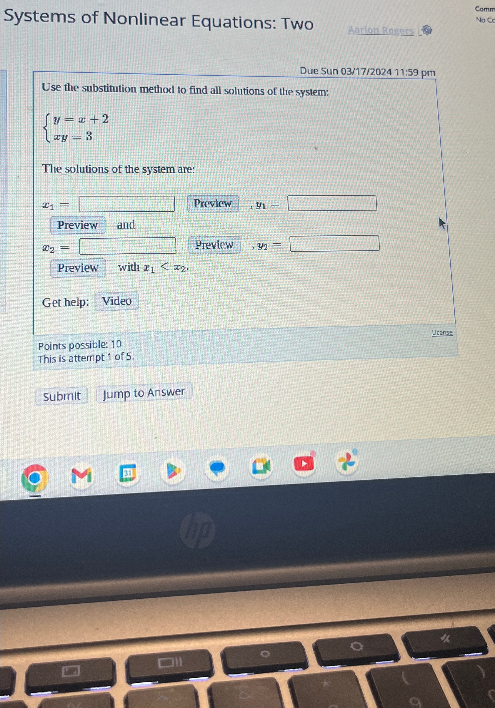 Solved Systems of Nonlinear Equations: TwoAarion RogersDue | Chegg.com
