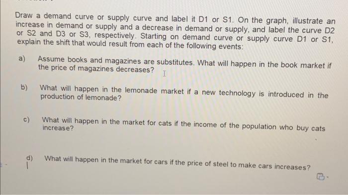 Solved Draw a demand curve or supply curve and label it D1 | Chegg.com