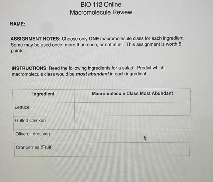 Solved Macromolecule Review NAME: ASSIGNMENT NOTES: Choose | Chegg.com