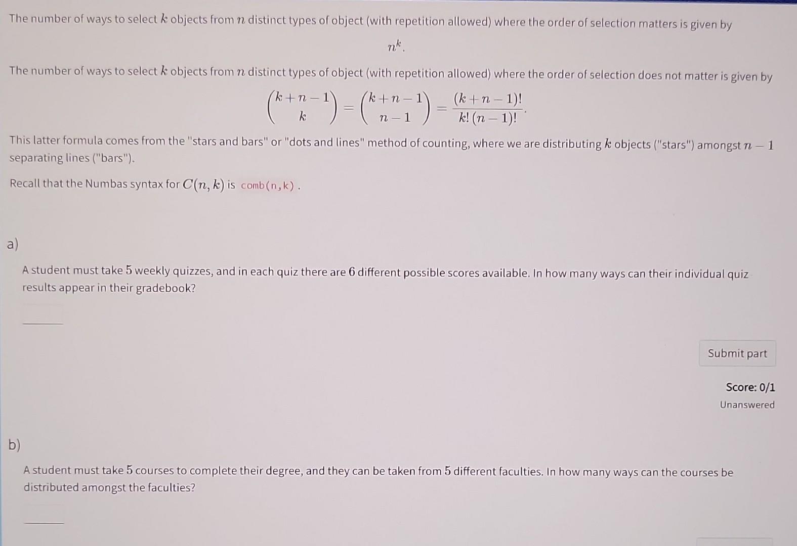 Solved The number of ways to select k objects from n | Chegg.com