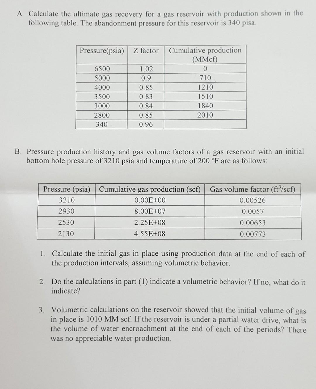Solved A Calculate the ultimate gas recovery for a gas | Chegg.com