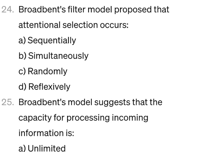 Solved Broadbent's filter model proposed that attentional | Chegg.com
