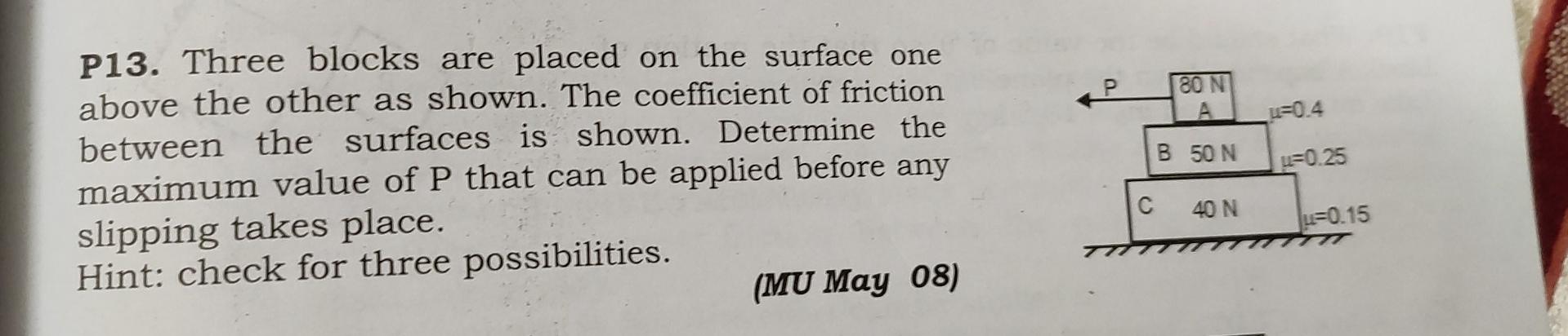 Solved P13. Three blocks are placed on the surface one above | Chegg.com