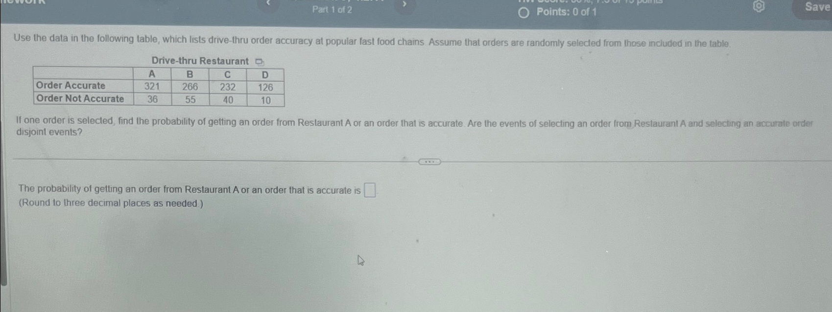 Solved Part 1 ﻿of 2Points: 0 ﻿of 1SaveUse the data in the | Chegg.com