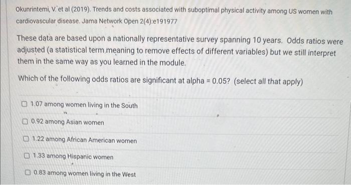 Solved Table 2 Odds Ratio For Suboptimal Physical Activity