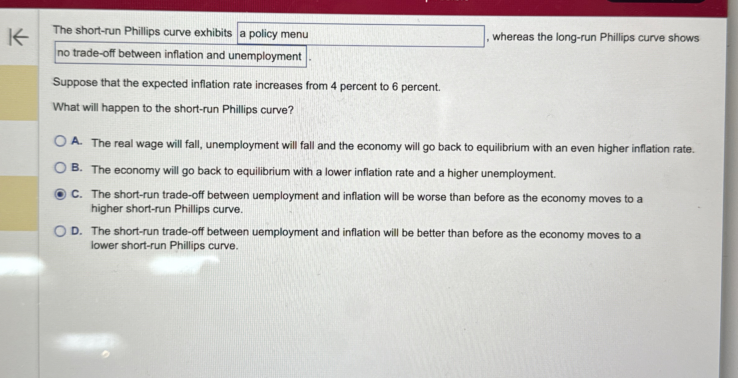 Solved The short-run Phillips curve exhibitsa policy menuno | Chegg.com